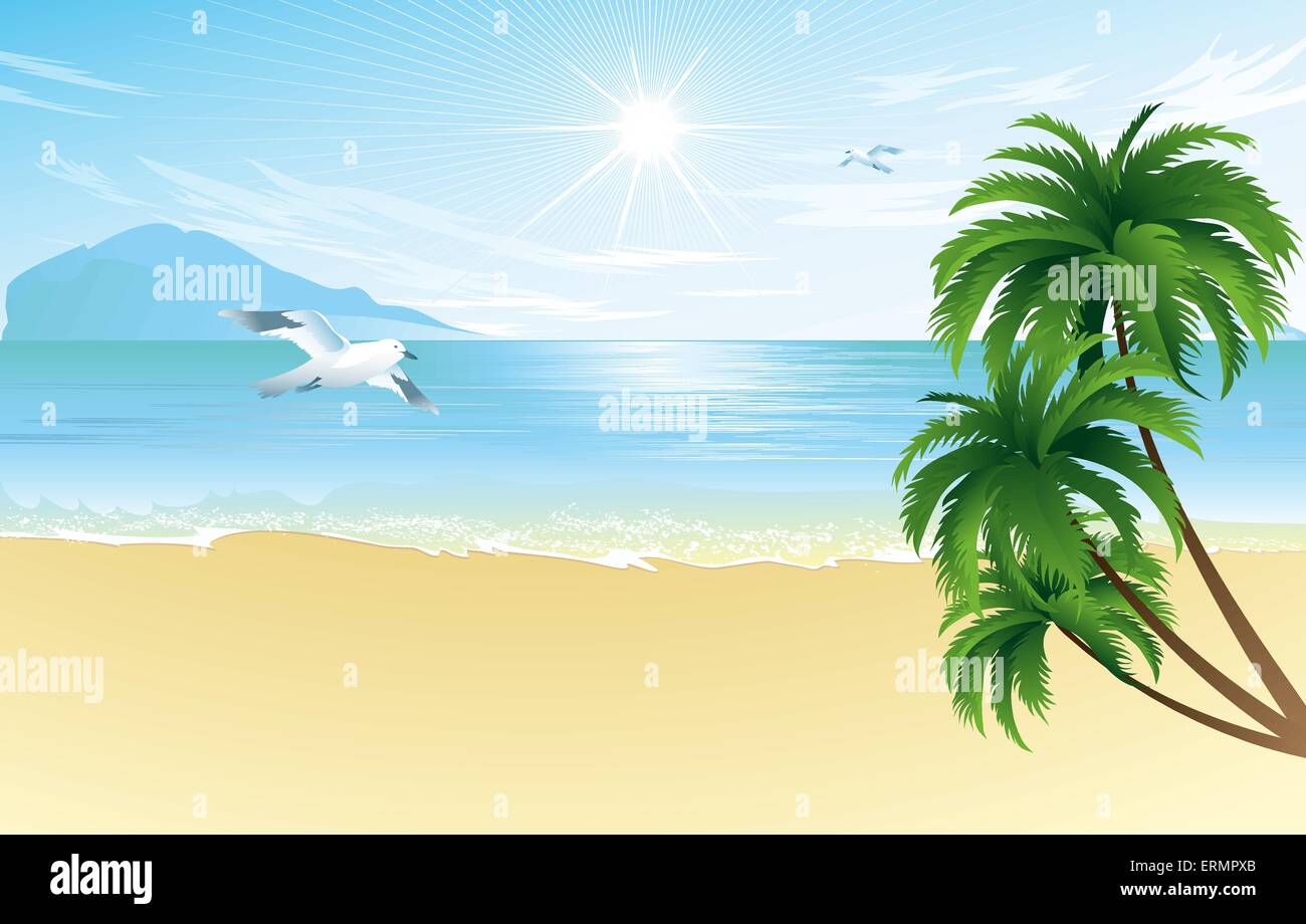 Summer beach with palm trees and seagull vector illustration Stock ...