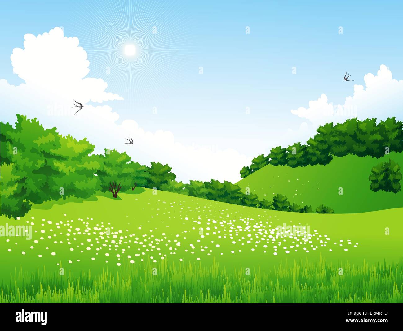 Blue sky clouds green grass hill Stock Vector Images - Alamy