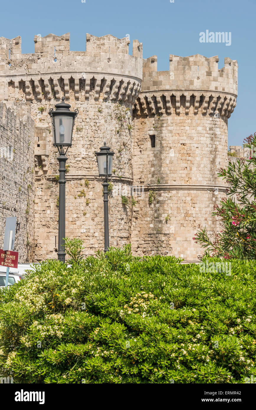 The old medieval castle walls as seen from the moat on the Greek island ...
