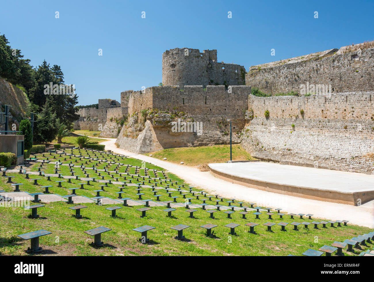 The old medieval castle walls as seen from the moat on the Greek island ...