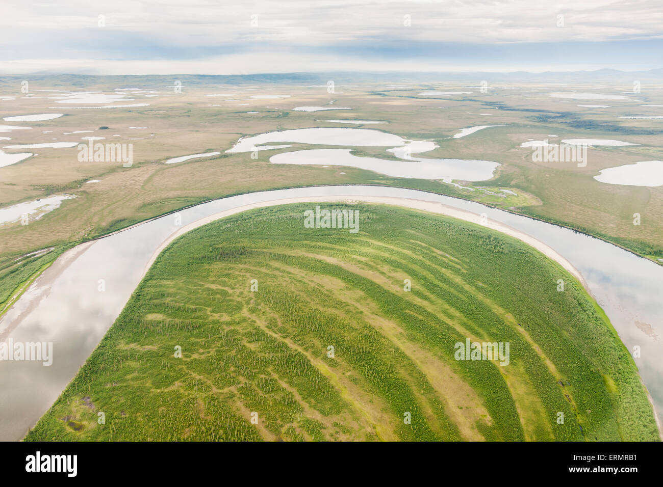 Aerial view of wetlands and lakes along the Kobuk River, Arctic Alaska ...