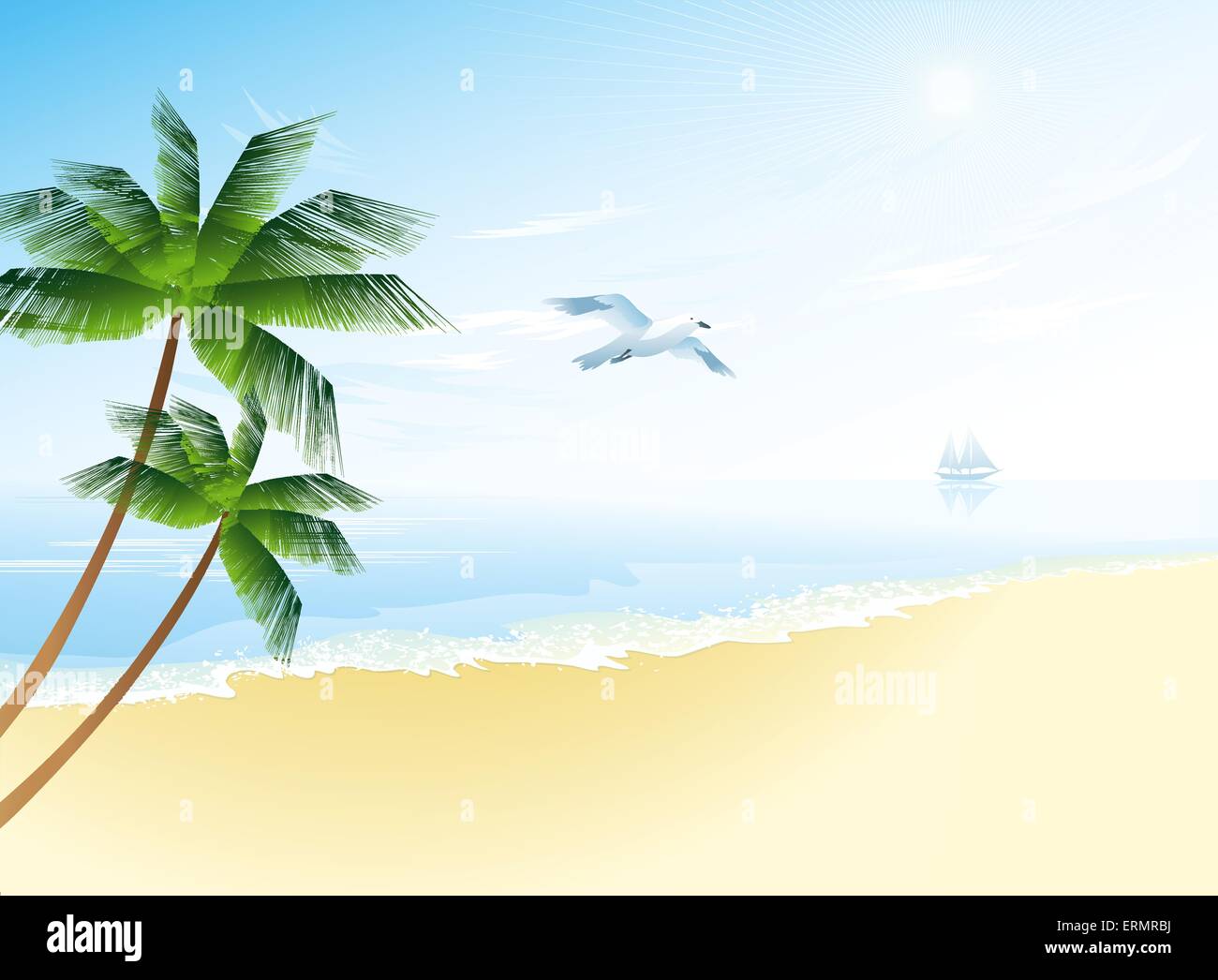 Summer beach with palm trees and seagull vector illustration Stock ...
