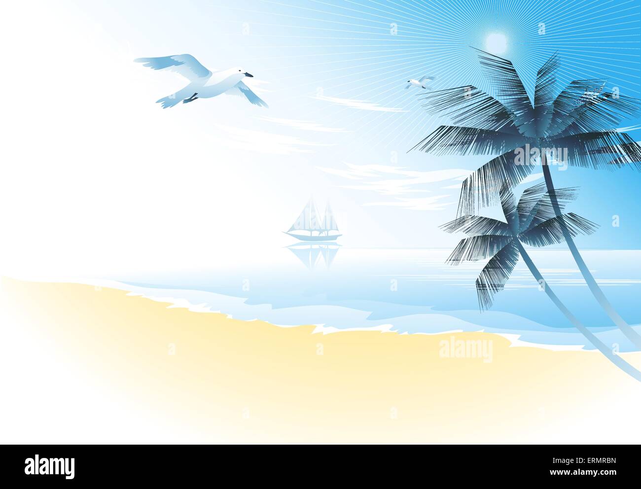 Summer beach with palm trees and seagull vector illustration Stock ...