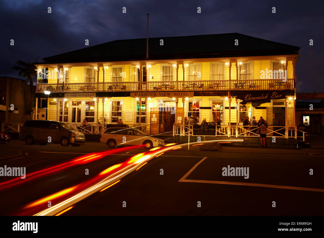 Harbour View Hotel at dusk, Raglan, Waikato, North Island, New Zealand ...