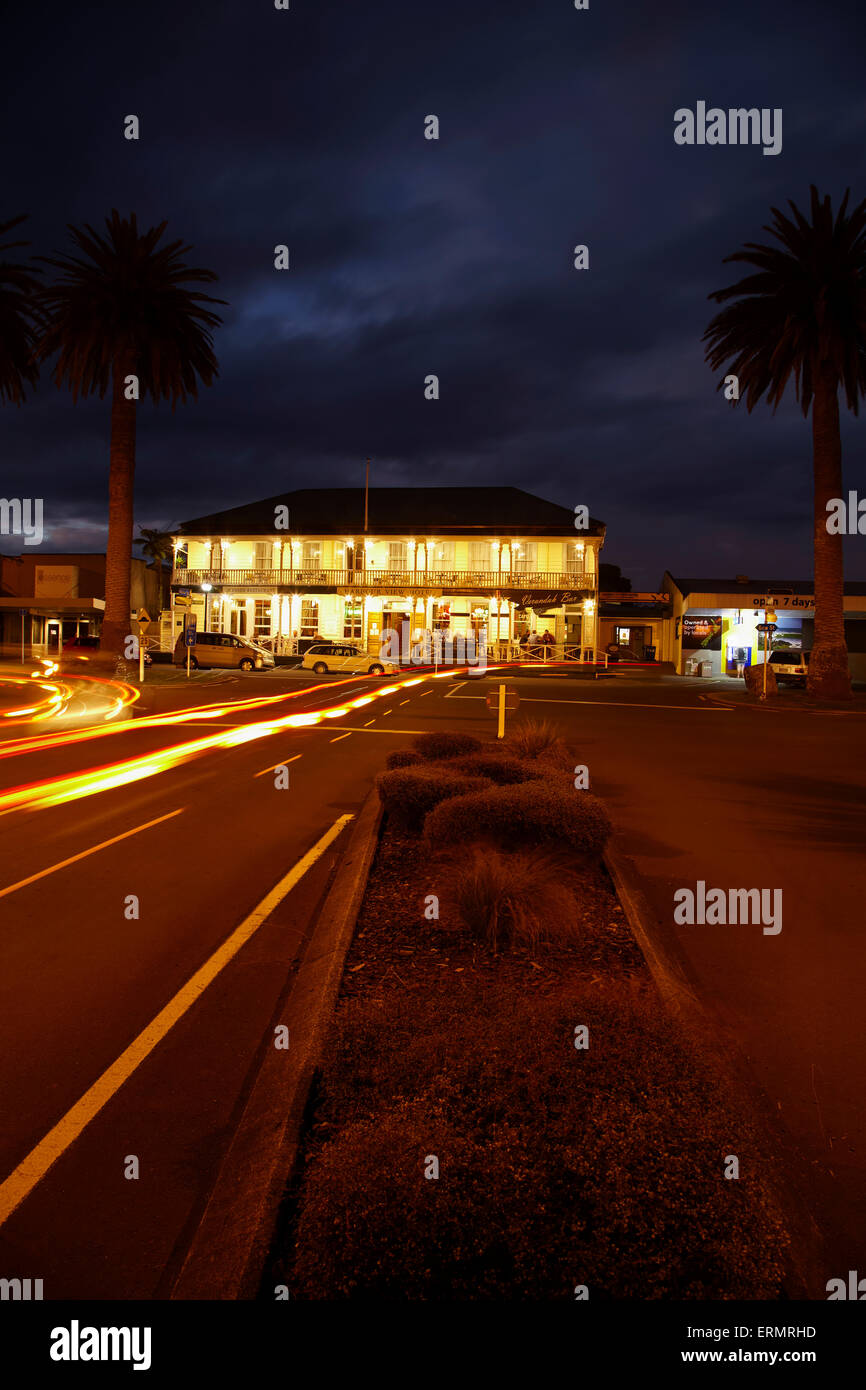 Harbour View Hotel at dusk, Raglan, Waikato, North Island, New Zealand ...