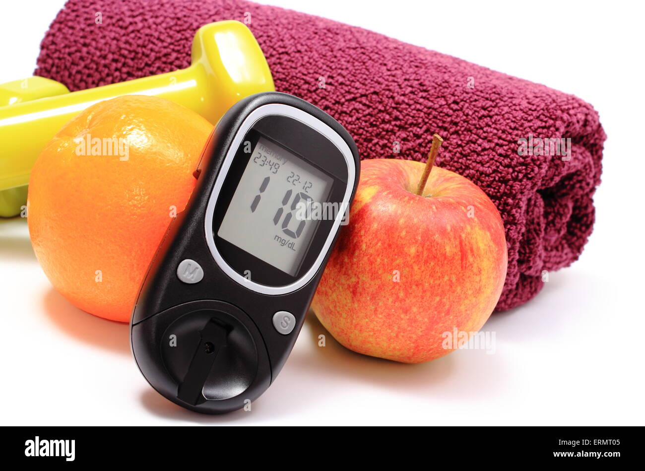 Glucose meter, fresh fruits, dumbbells and purple towel for using in ...