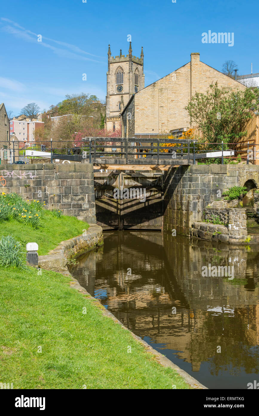 The church at Sowerby Bridge in Calderdale reflected in the waters of ...