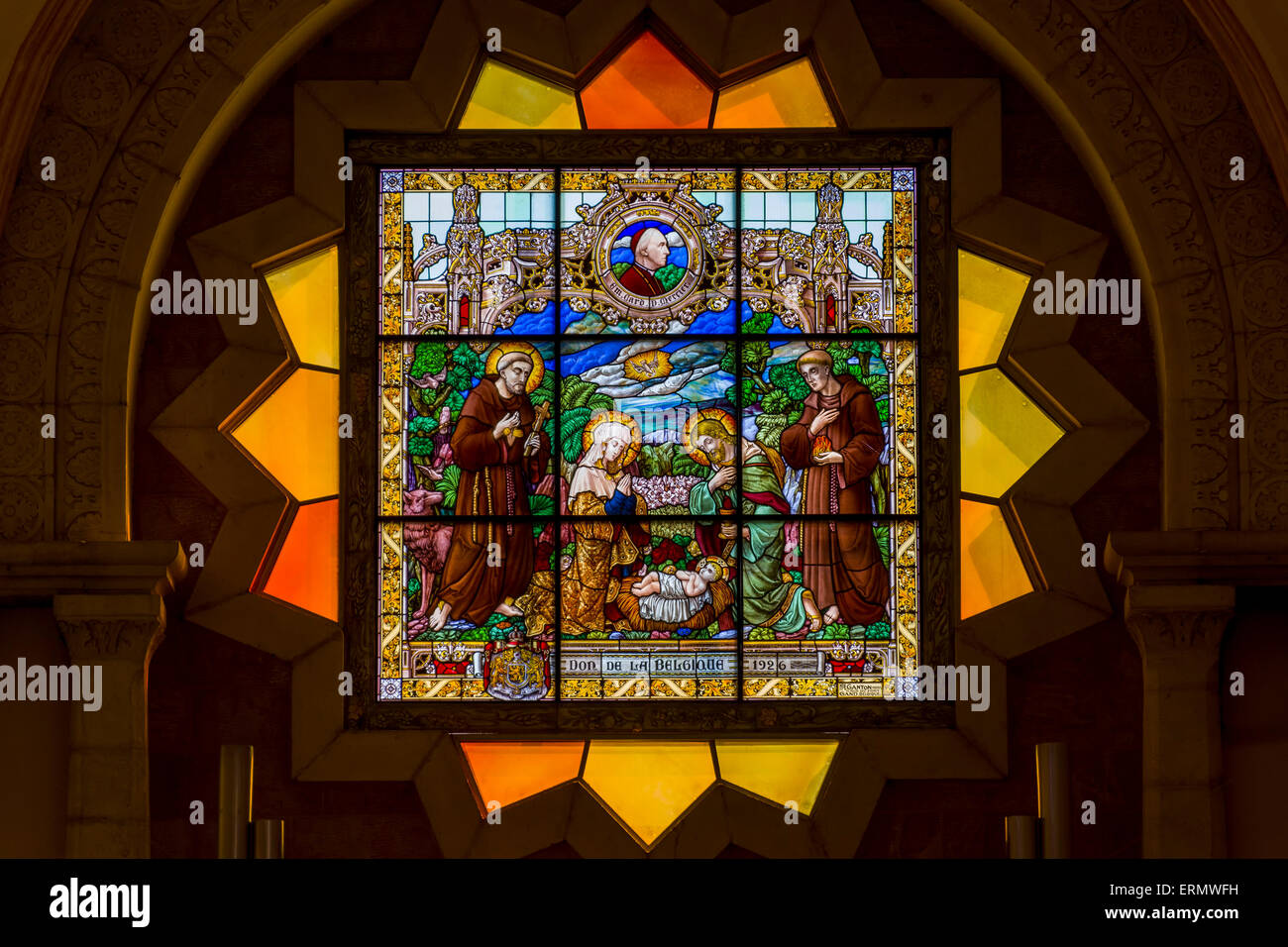 Stained glass window depicting the birth of Jesus Christ in the St ...