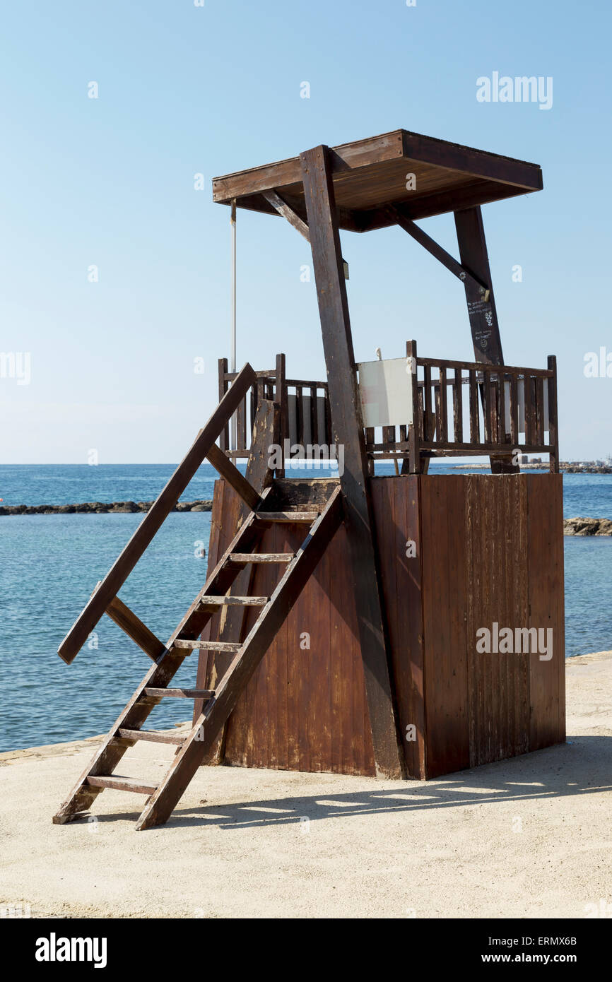 Wooden lifeguard structure at the water's edge; Paphos, Cyprus Stock ...