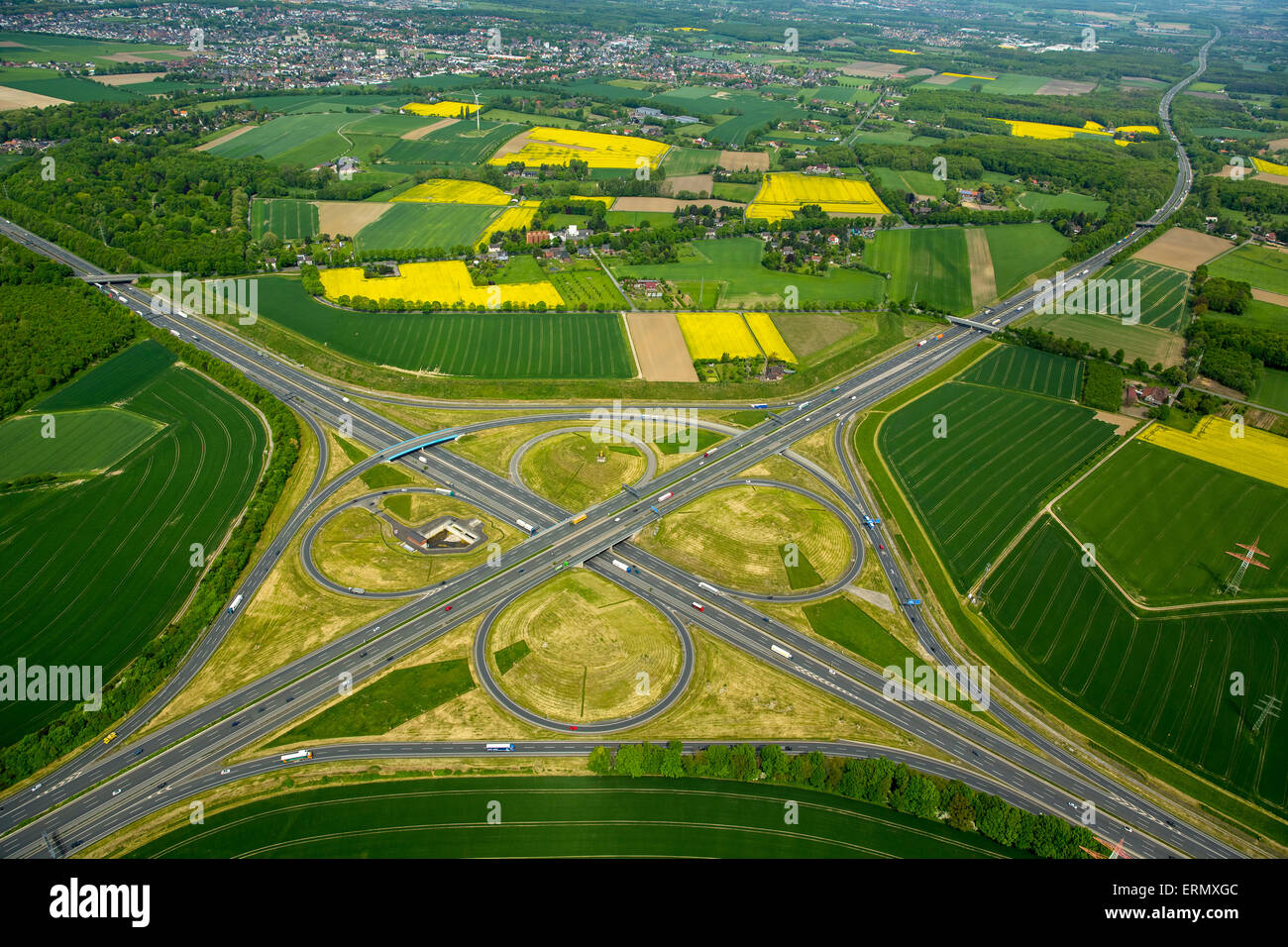 Kamen Cross with rapeseed fields, motorway intersection Kamen with A1 ...