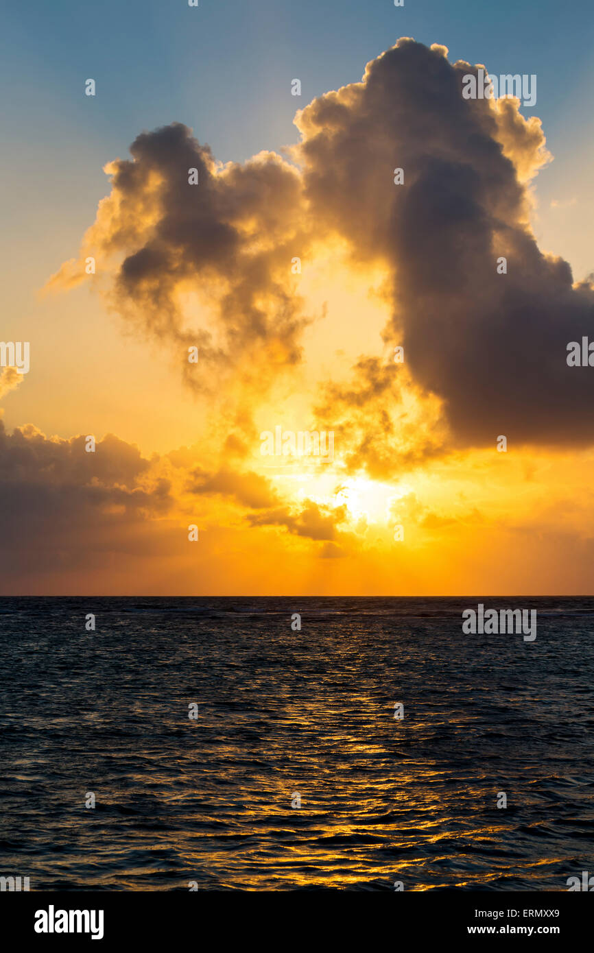Dramatic colourful sky at sunrise reflecting off ocean with backlit ...