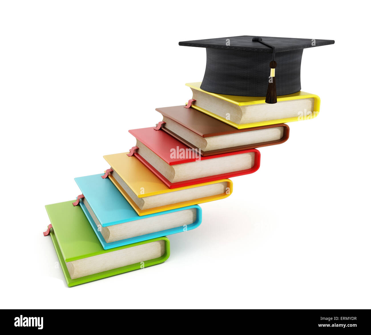 Colorful books forming stairs leading to a mortar board Stock Photo - Alamy