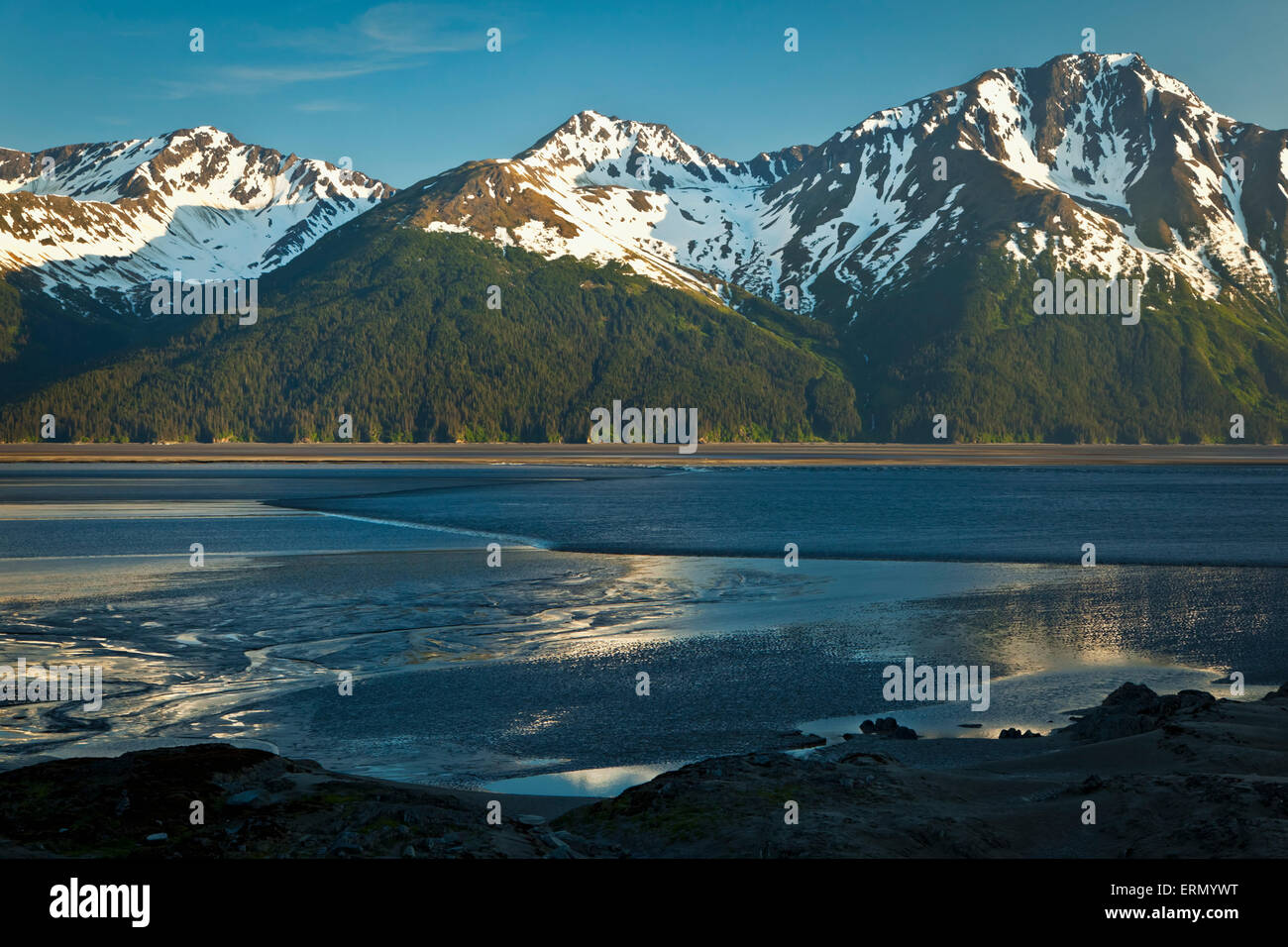 Tidal bore across Turnagain Arm of Cook Inlet, Chugach Mountains in the ...