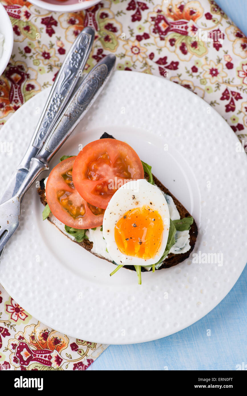 Rye toast sandwiches with egg and soft cheese, selective focus Stock ...