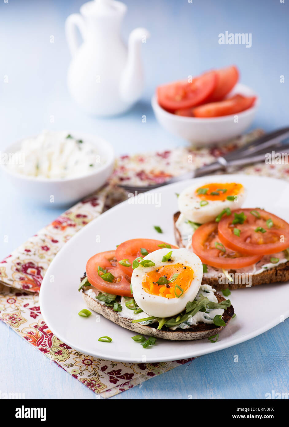 Rye toast sandwiches with egg and soft cheese, selective focus Stock ...