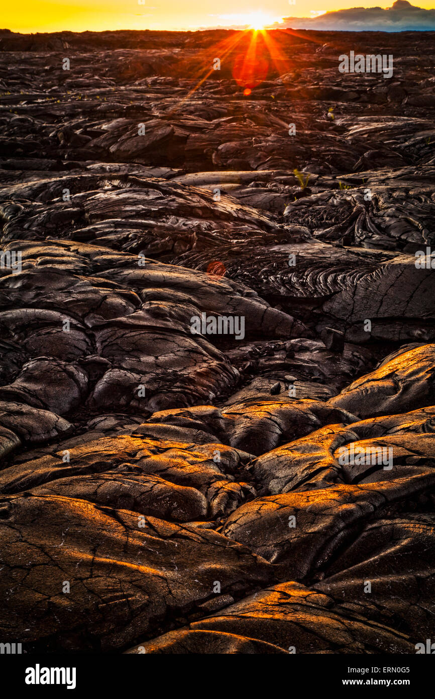 Setting sun light on lava field, Hawaii Volcanoes National Park; Island ...