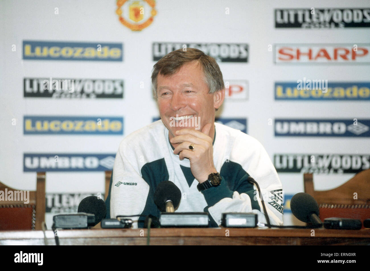 Manchester United manager Alex Ferguson in relaxed mood during a tpress ...
