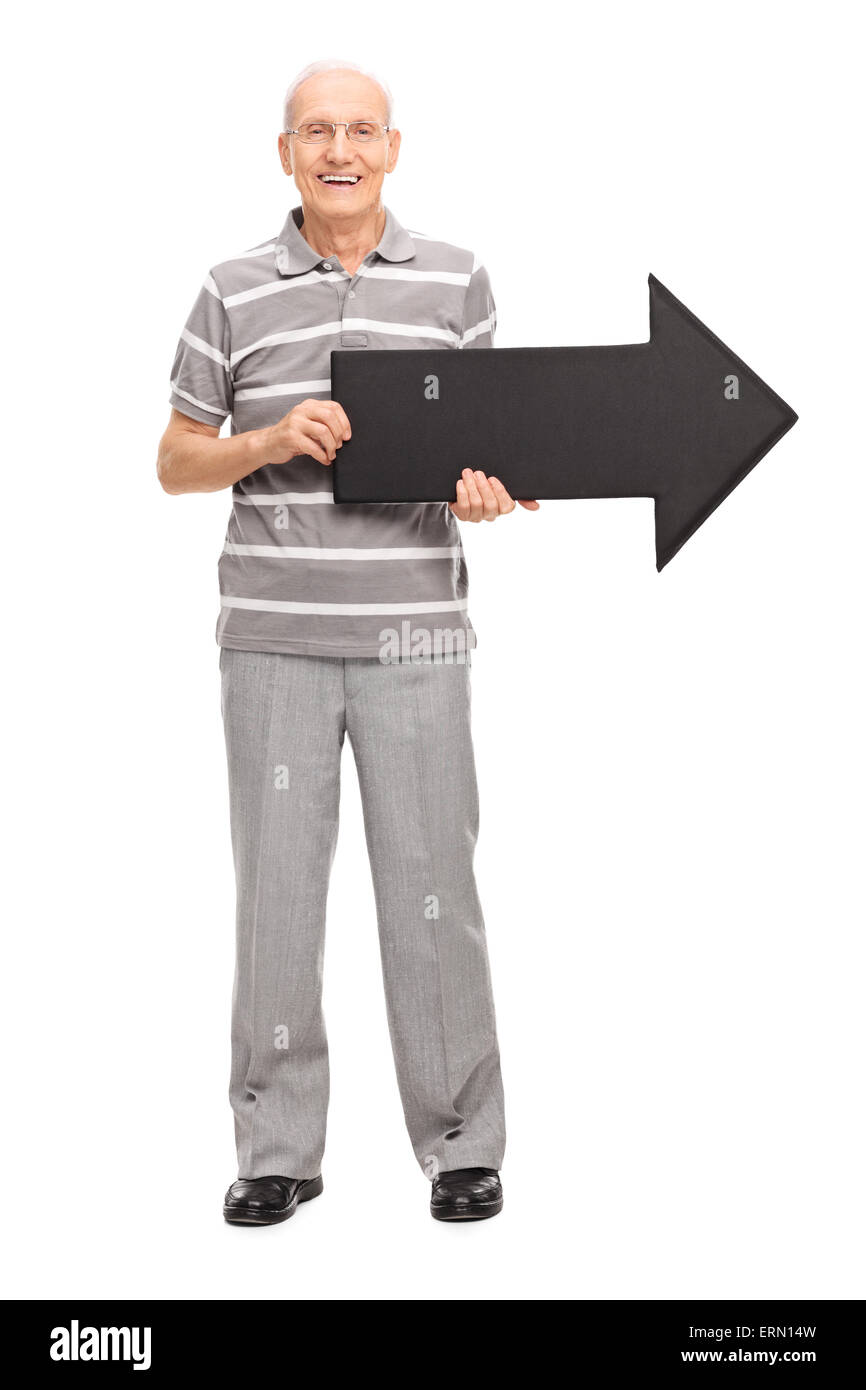 Full length portrait of a cheerful senior gentleman holding an arrow ...