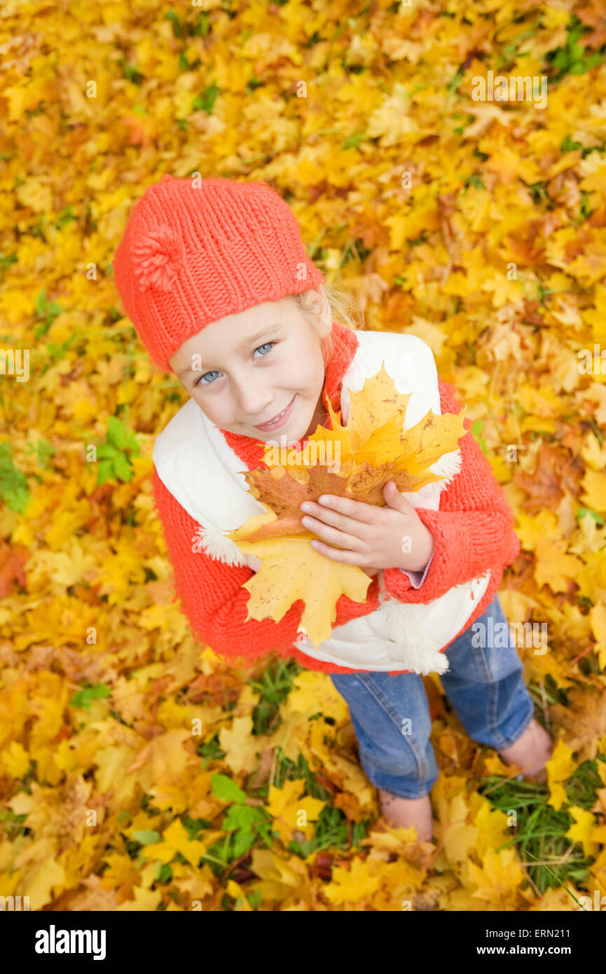 Beautiful little girl with autumn leaves outdoors Stock Photo - Alamy