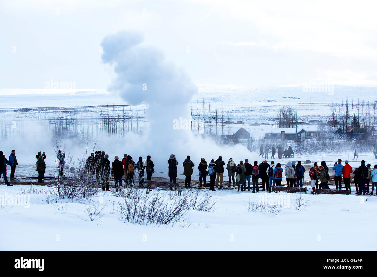 Visitors at the geyser eruption of Strokkur in winter Stock Photo - Alamy