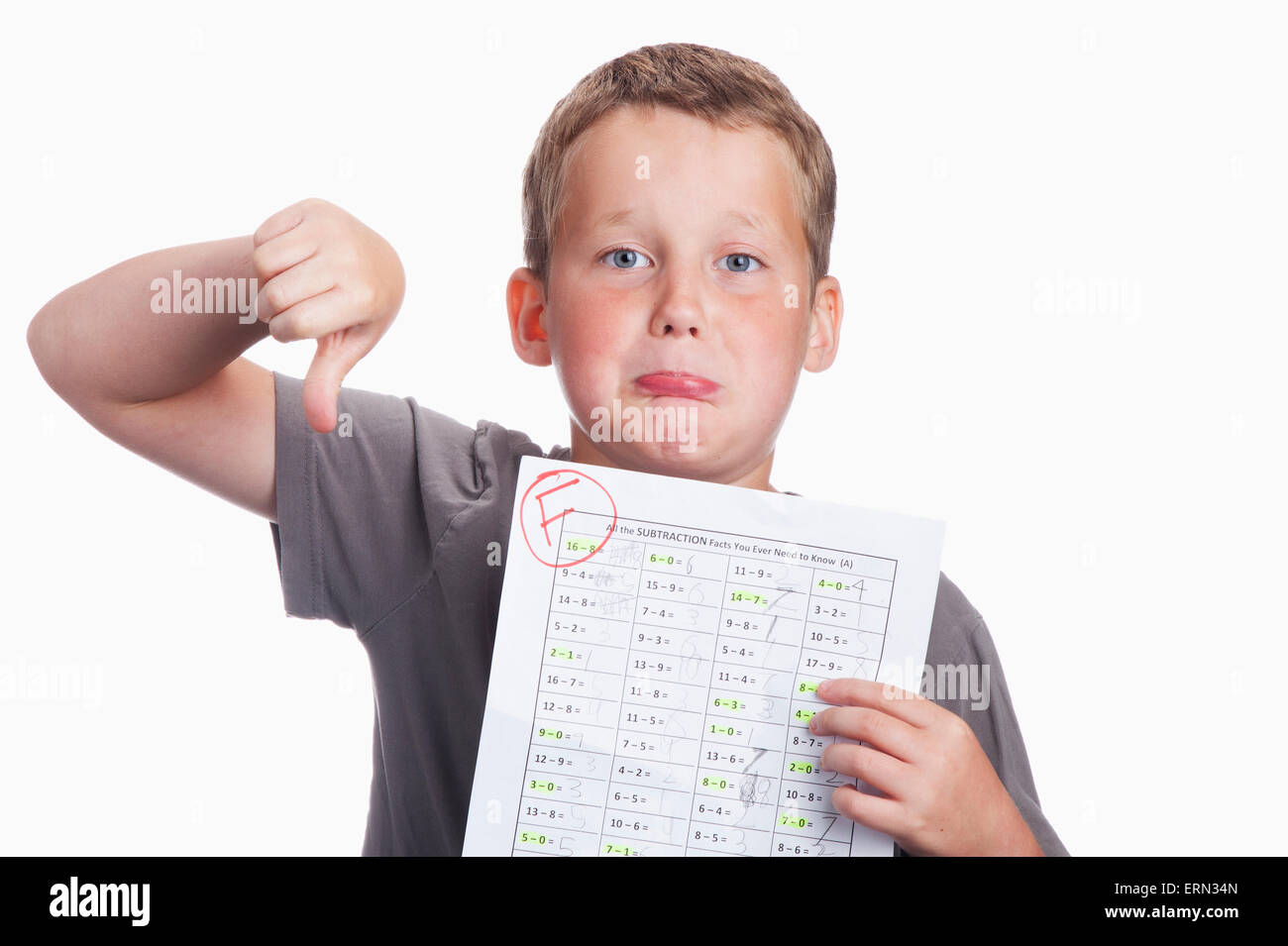 Young boy very disappointed in an F mark on his school math assignment ...