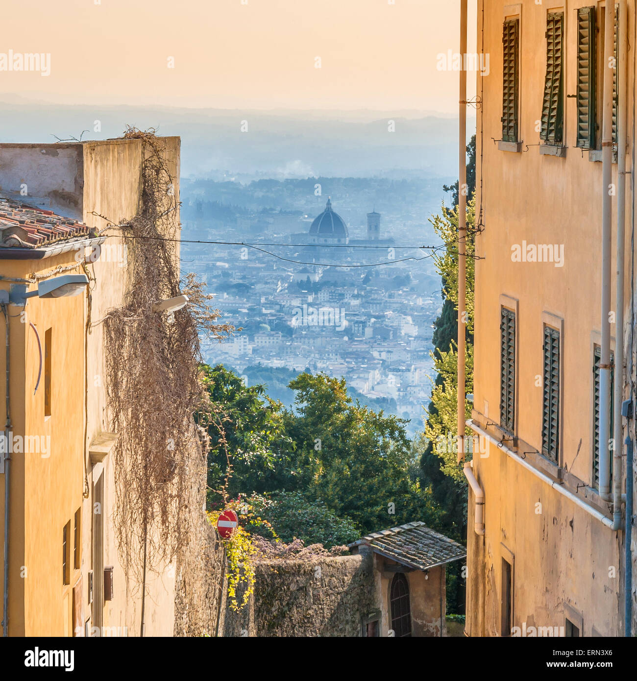 Fiesole street view with panoramic view of Firenze Stock Photo - Alamy
