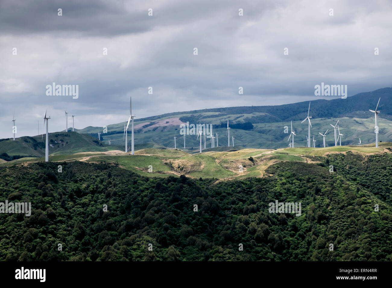Turbines generating electricity at the Meridian Energy windfarm in Te ...