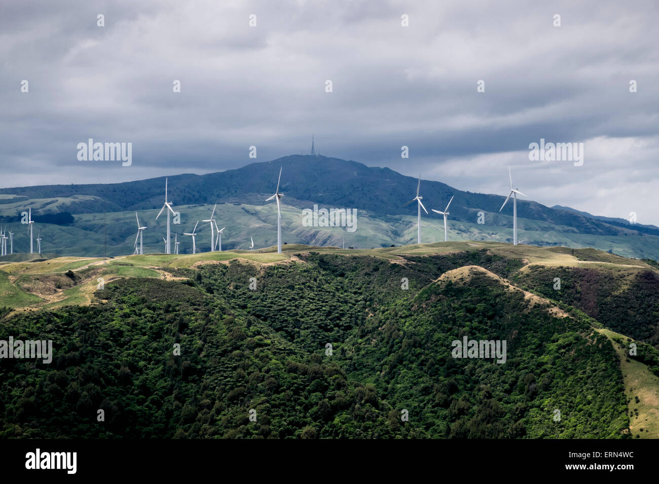 Turbines generating electricity at the Meridian Energy windfarm in Te ...