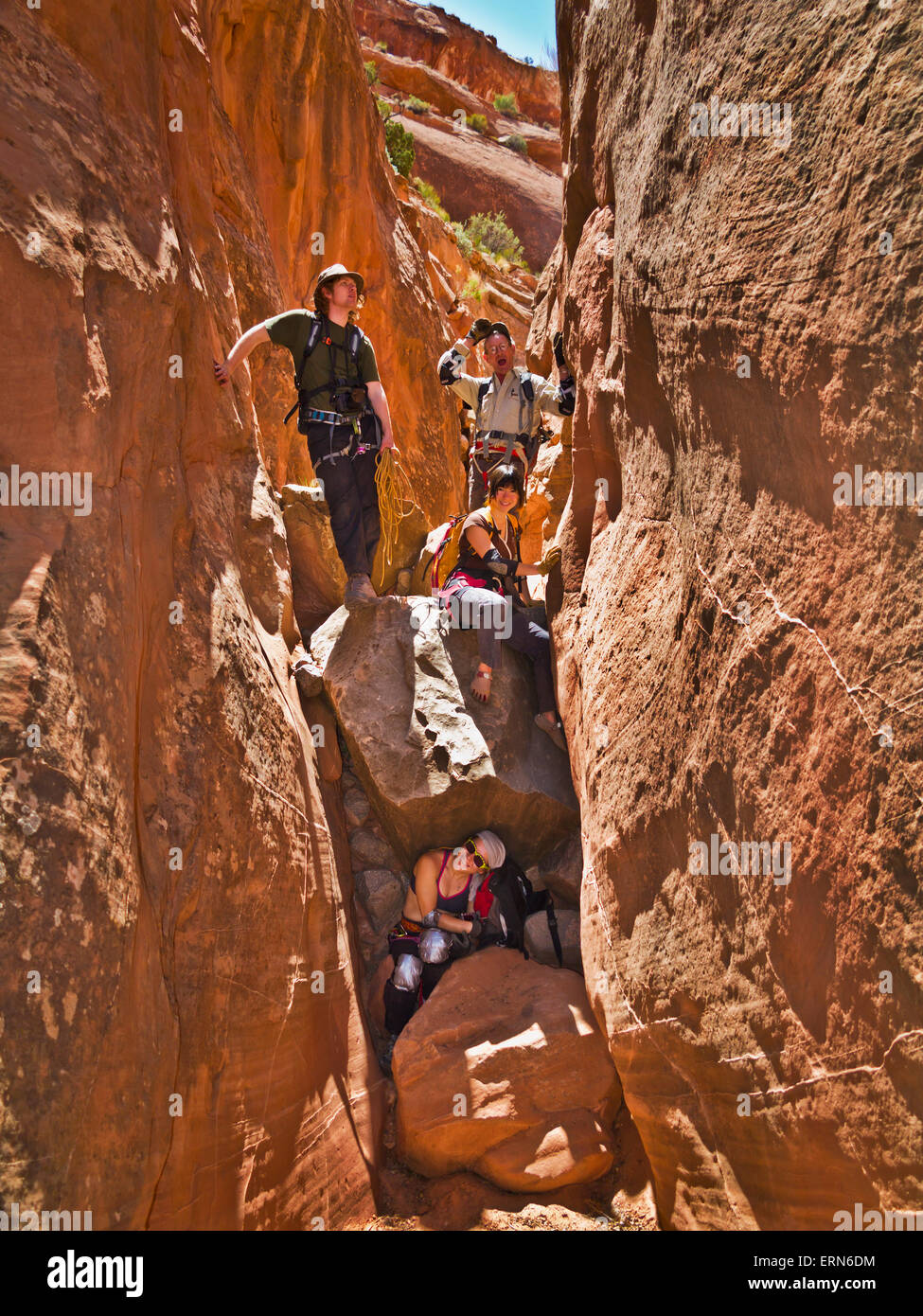 Adventurers exploring a desert slot canyon; Hanksville, Utah, United ...