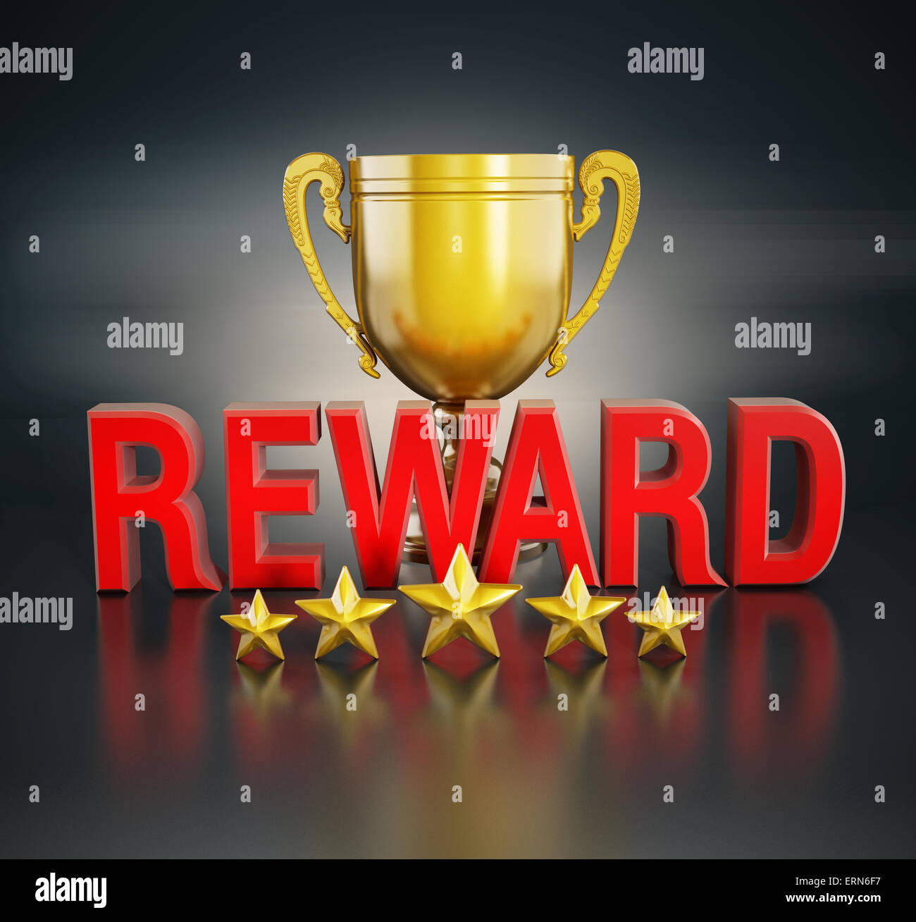 Reward text, gold cup and five stars Stock Photo - Alamy