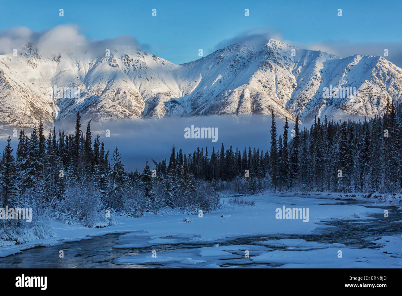Grey ridge looms over the Wheaton River near Whitehorse; Yukon, Canada ...