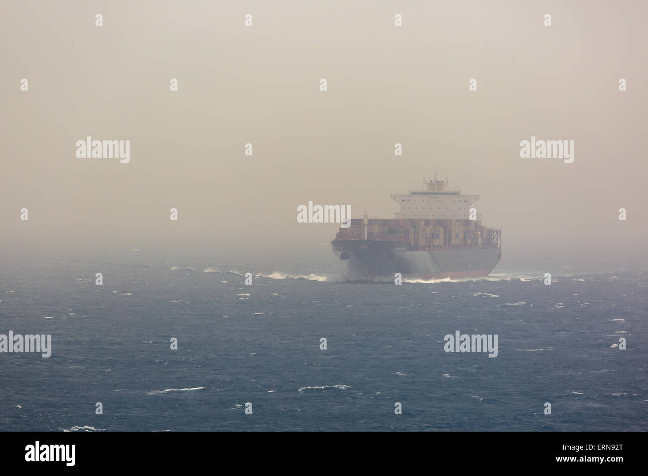 container ship sailing north bound in Red sea fog. Heading for Suez ...