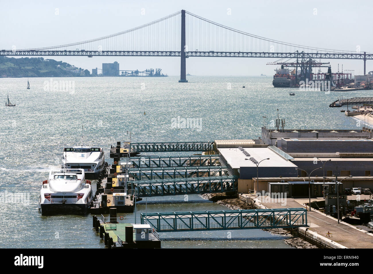 Modern ferries at Tagus river in Lisbon Portugal at Terminal fluvial ...