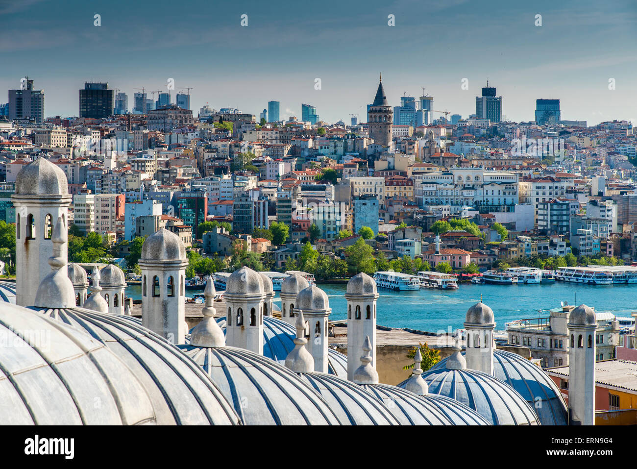 City skyline from Suleymaniye mosque complex with Golden Horn and ...