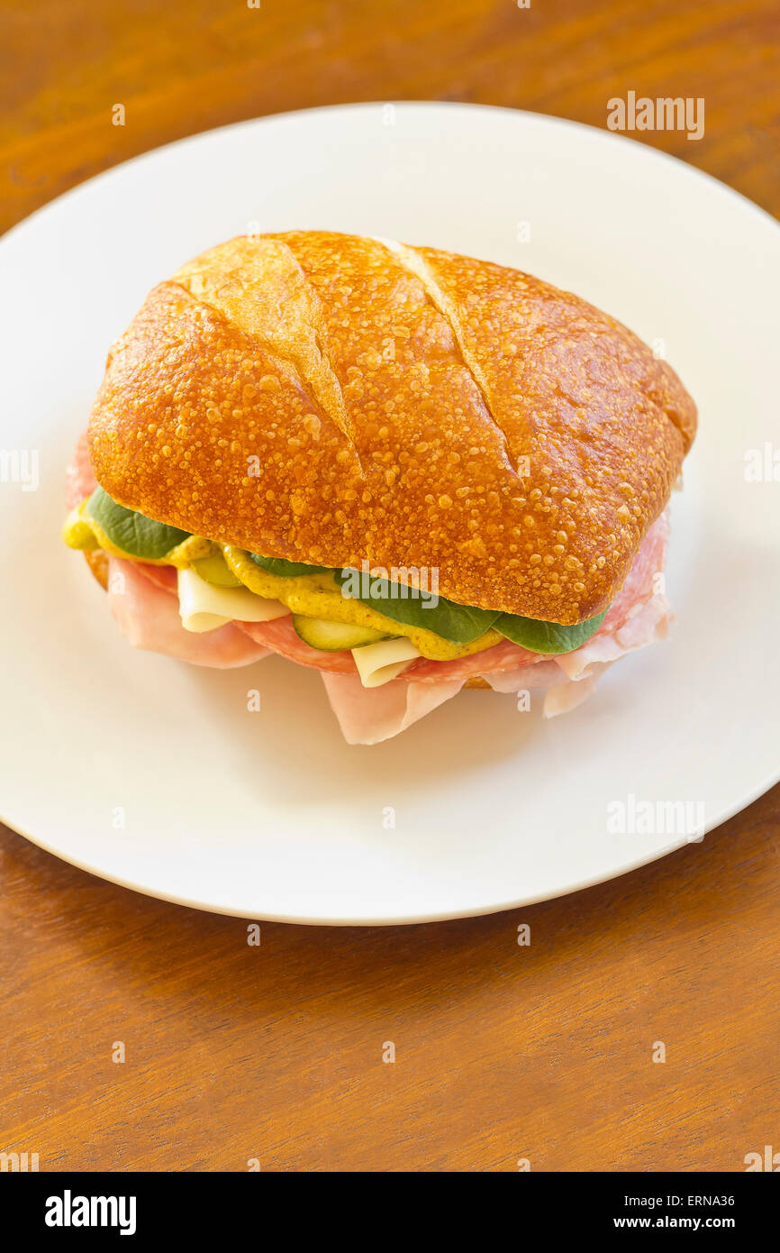 Ciabatta roll Italian meat sub sandwich with provolone ham and salami ...