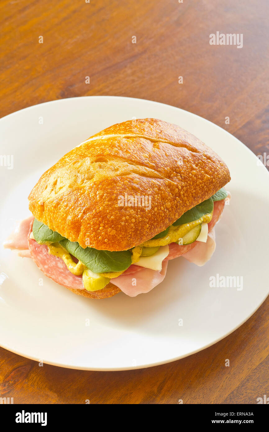 Ciabatta roll Italian meat sub sandwich with provolone ham and salami ...
