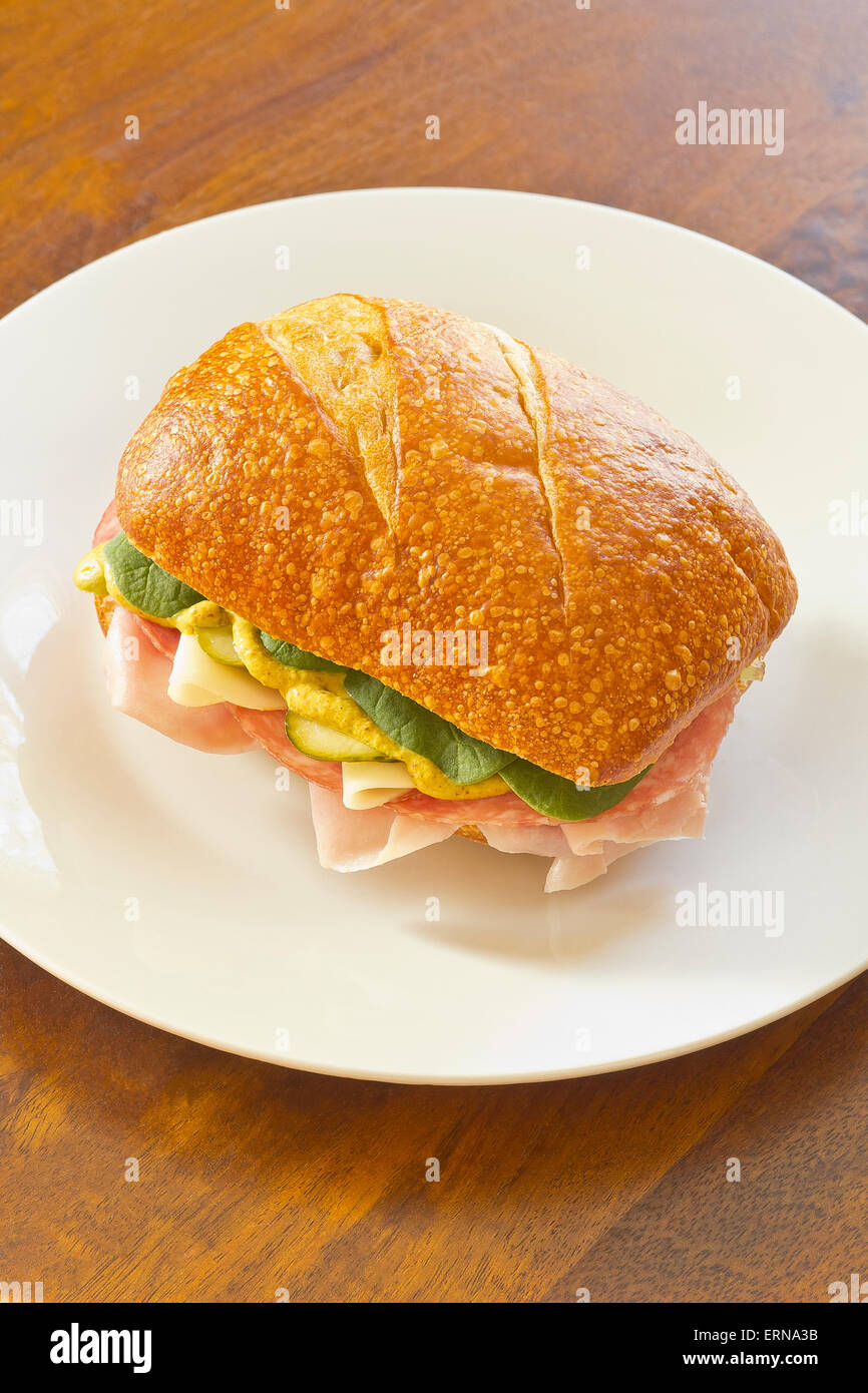 Ciabatta roll Italian meat sub sandwich with provolone ham and salami ...