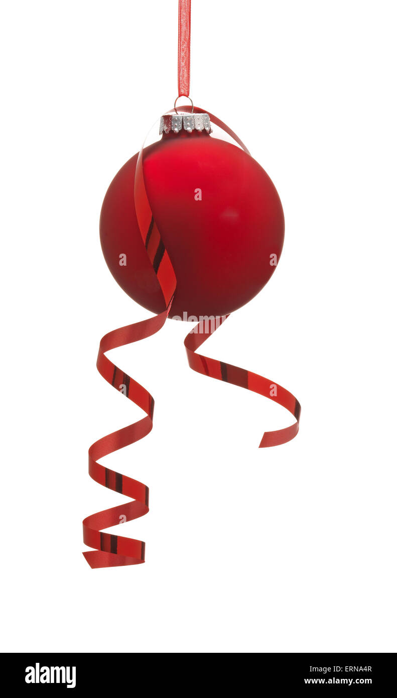 Hanging red Christmas bauble isolated on a white background Stock Photo ...