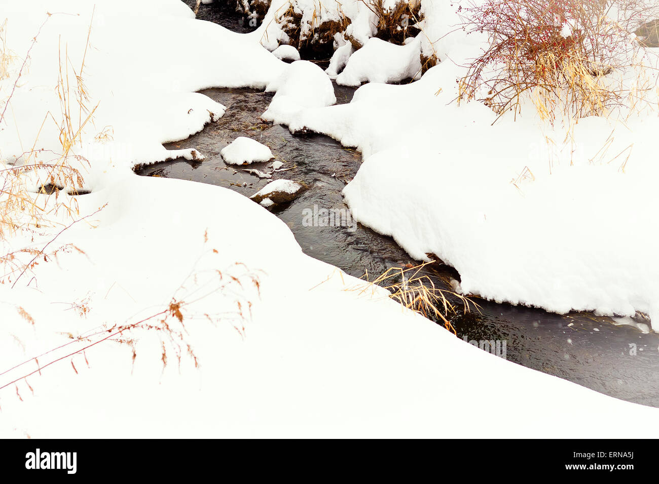 Stream slowly trickles through the ice and snow of winter Stock Photo ...