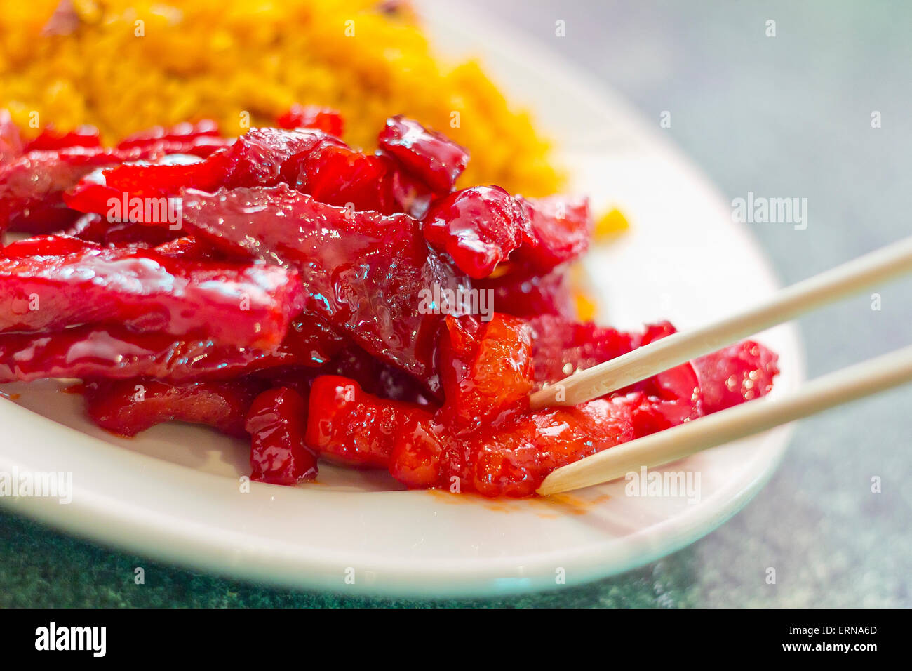 Chinese boneless bbq spare ribs with egg roll and pork fried rice Stock ...