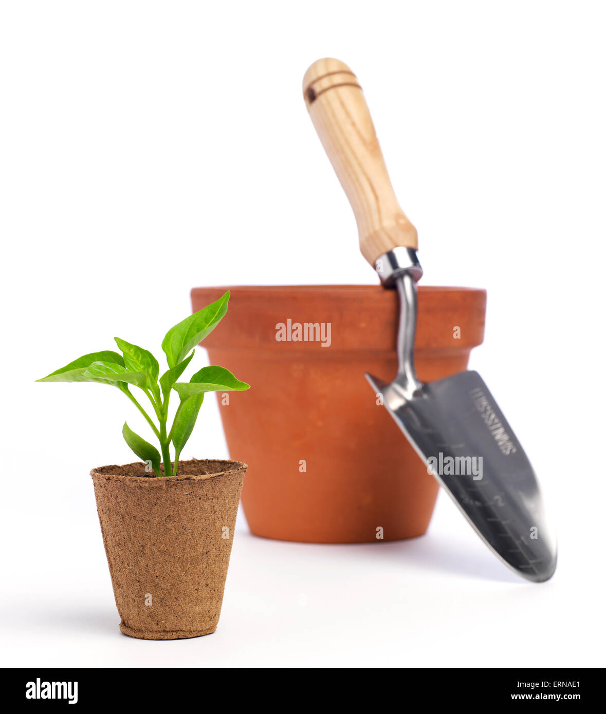 Isolated garden kit of trowel terracotta pot and seedling Stock Photo ...