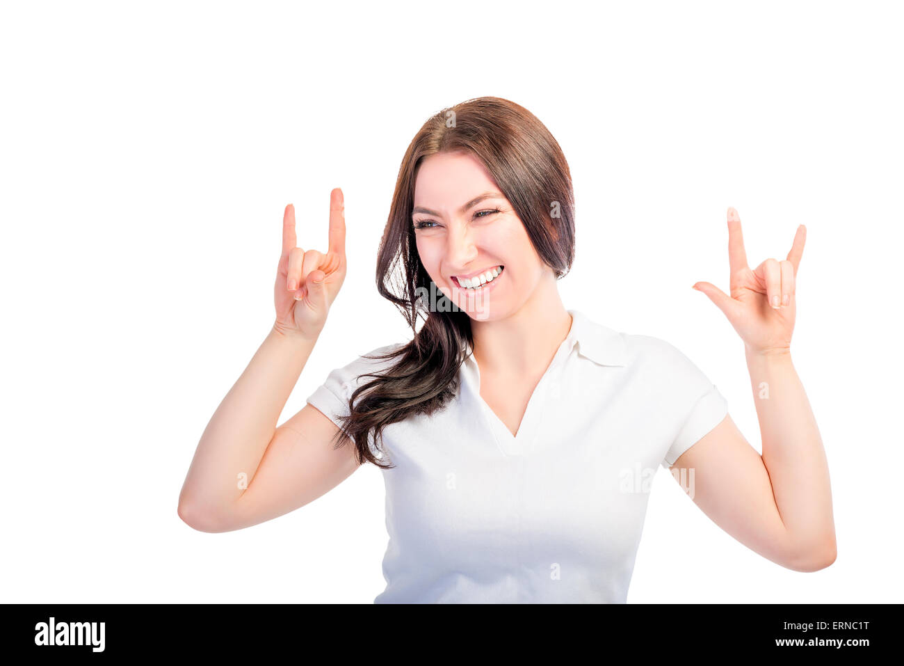 Young cheerful woman making gesture with hands Stock Photo - Alamy