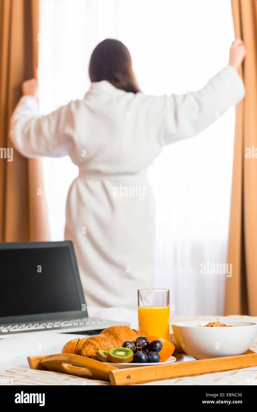 Room service breakfast on a tray in the hotel Stock Photo - Alamy