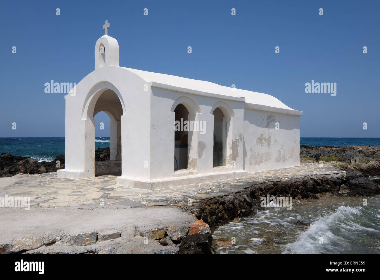 Little White Church on the causeway at Georgioupoli Crete Stock Photo ...