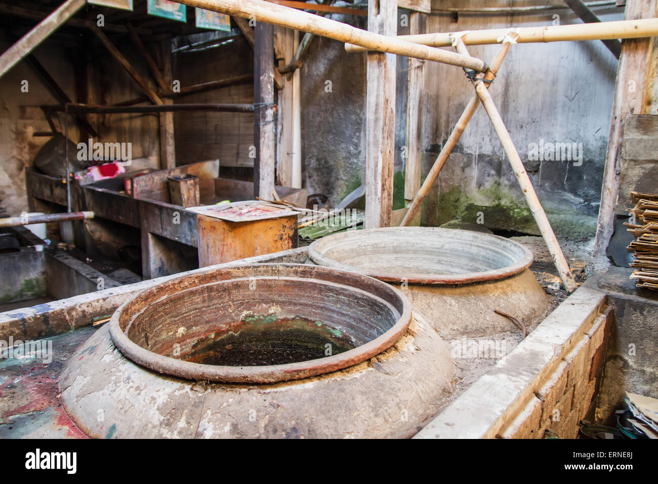 Vats used to dye batik fabrics at Gunawan Setiawan Batik Shop, Kampung ...