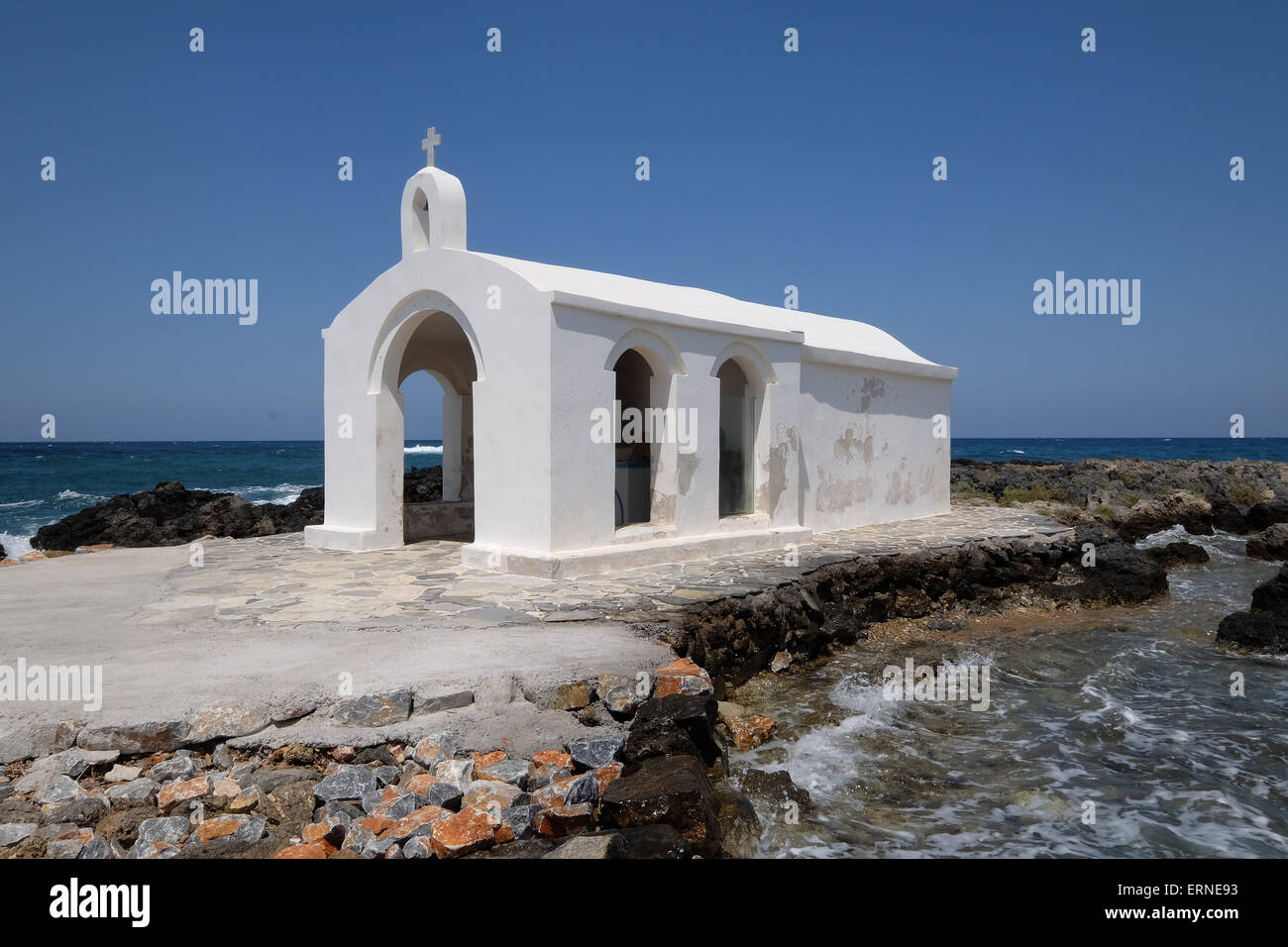 Little White Church on the causeway at Georgioupoli Crete Stock Photo ...
