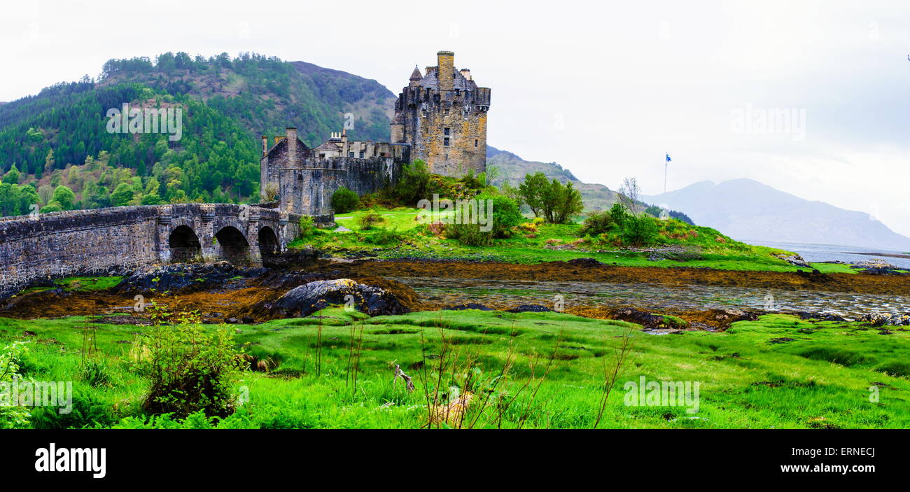Panoramic view of famous Eilean Donan Castle in Scotland, UK Stock ...