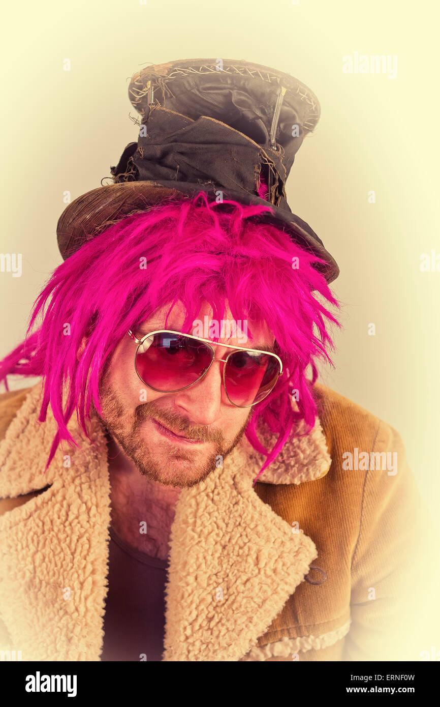 Pink haired bearded bum lunatic man with cool sunglasses Stock Photo ...
