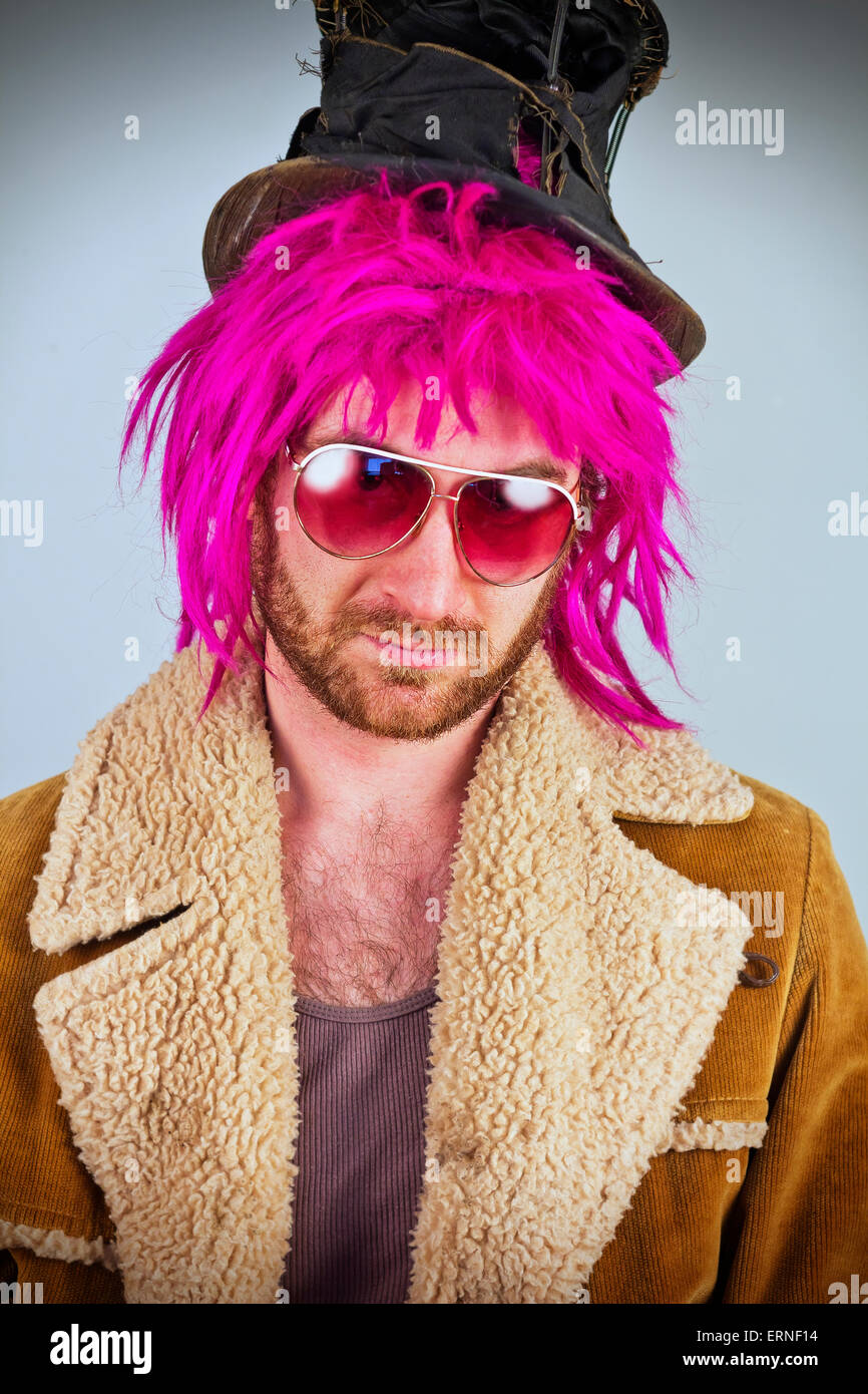 Pink haired bearded bum lunatic man with cool sunglasses Stock Photo ...