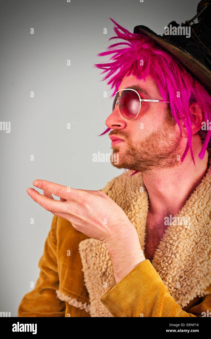 Pink haired bearded bum lunatic man with cool sunglasses Stock Photo ...